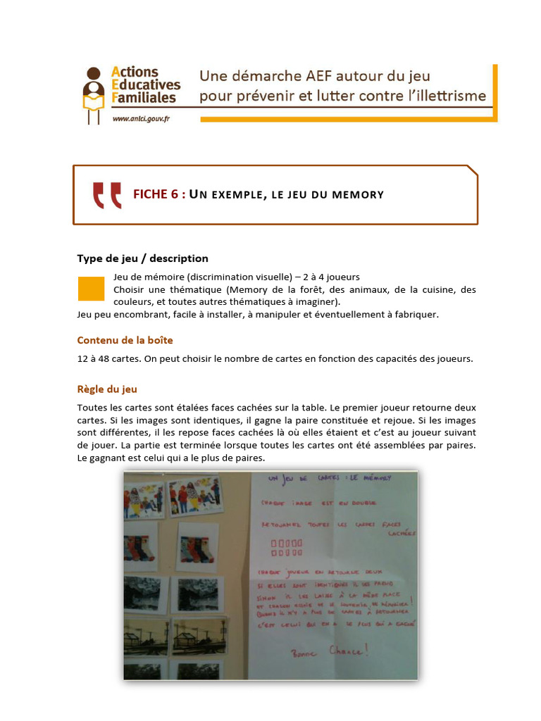 Jeu du Memory : Activités Éducatives Familiales | PDF | Nombre ...