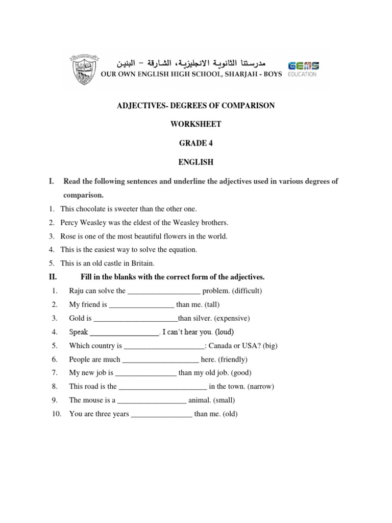 Adjectives - Degrees of Comparison - Worksheet | PDF | Foreign Language ...
