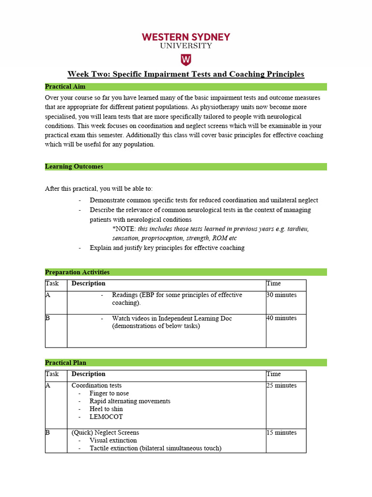 Week 2 REHA3017 Prac Guide - Impairment Testing and Coaching Principles ...