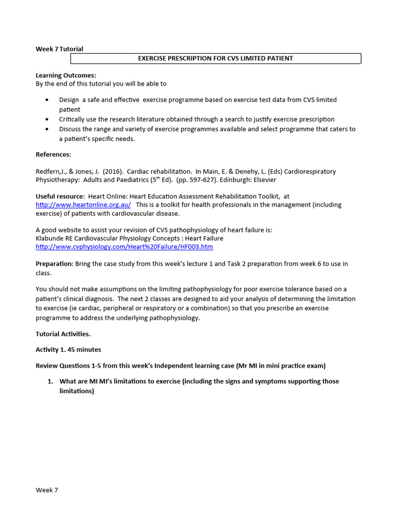 Week 7 Tut Handout Ex Prescript CVS Cases | PDF | Physical Therapy | Heart Failure