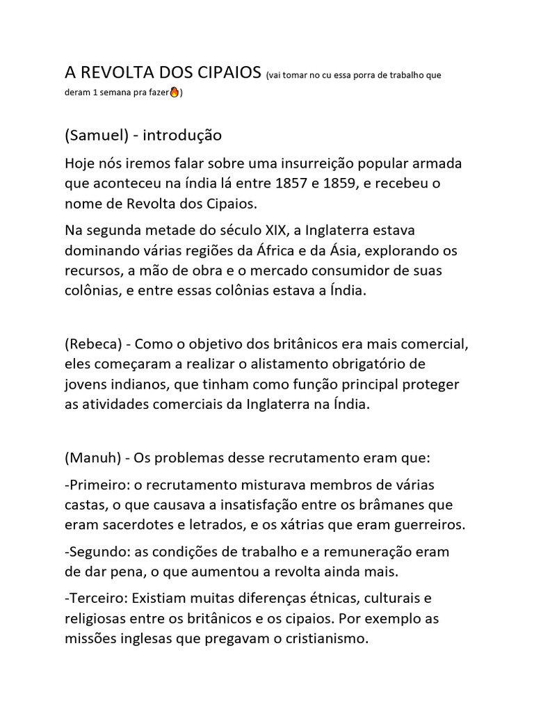 Revolta dos Cipaios: Causas e Consequências | PDF | Rebelião Indiana de ...