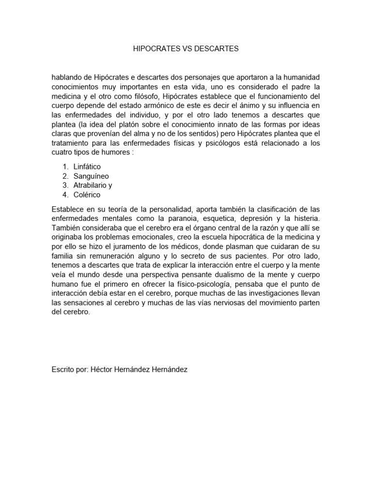 Hipocrates Vs Descartes. Hector Hernandez | PDF | Filosofía