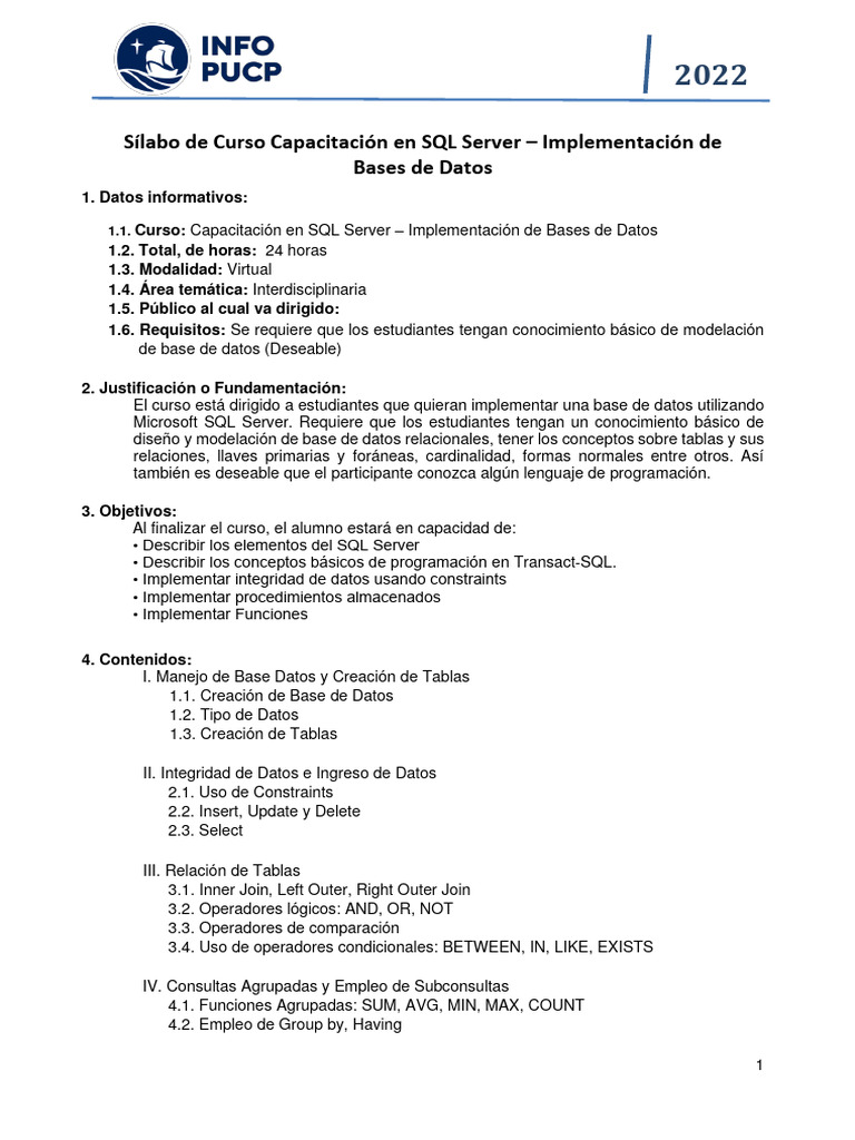 Silabo Sql Server Implementación De Bases De Datos 2022 Pdf Sql Servidor Sql De Microsoft 