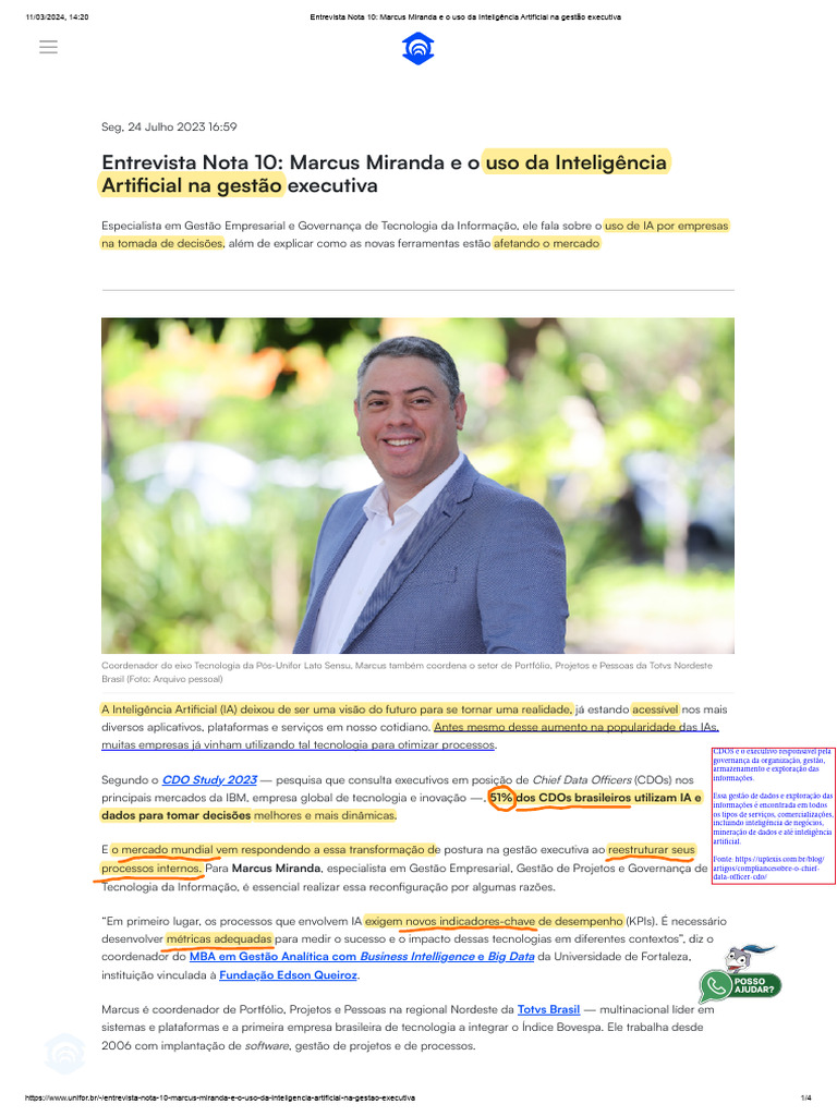 Marcus Miranda e o Uso Da Inteligência Artificial Na Gestão Executiva | PDF | Inteligência ...