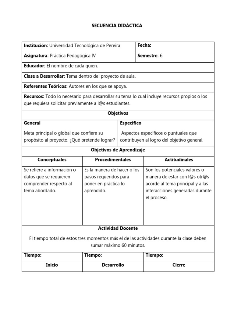 Plantilla Secuencia Didáctica | PDF | Aprendizaje | Evaluación