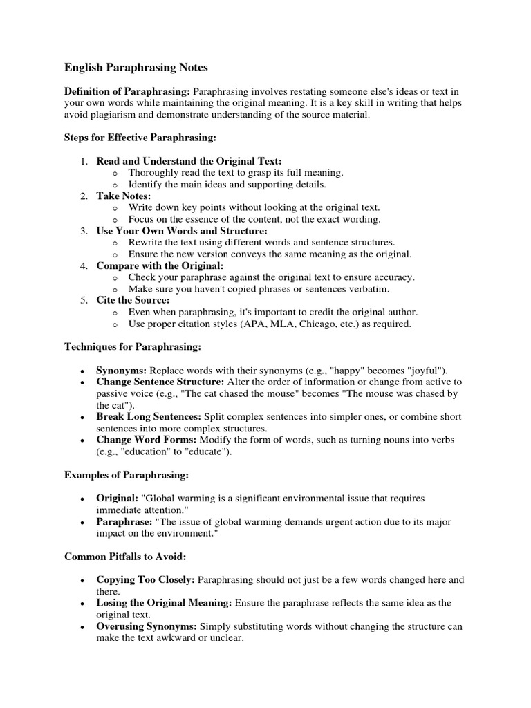 English Paraphrasing Notes Pdf Word Reading Comprehension