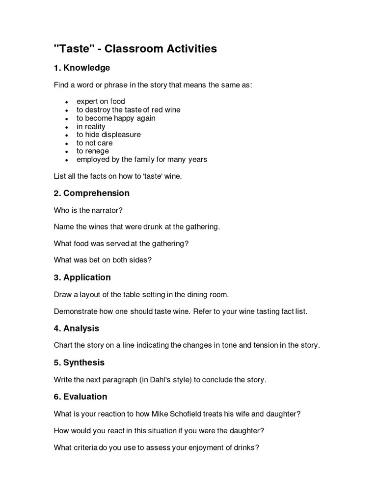 Roald Dahl TASTE - CLASSROOM ACTIVITIES | PDF | Foreign Language Studies | Self-Improvement