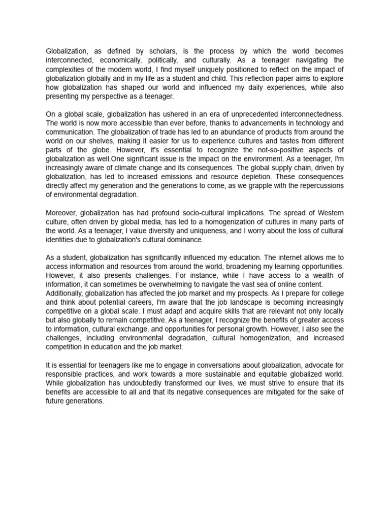 Globalization Reflection | PDF | Globalization | Adolescence