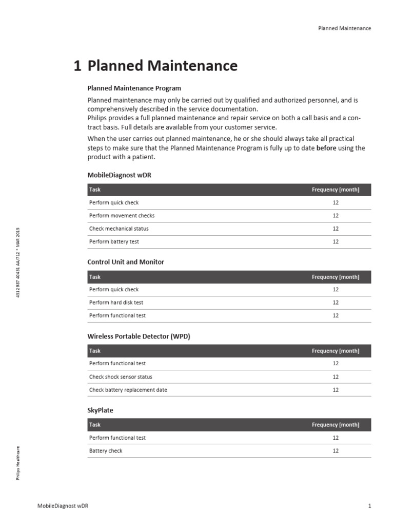 Planned Maintenance Schedule For MobileDiagnost WDR | PDF | Equipment ...