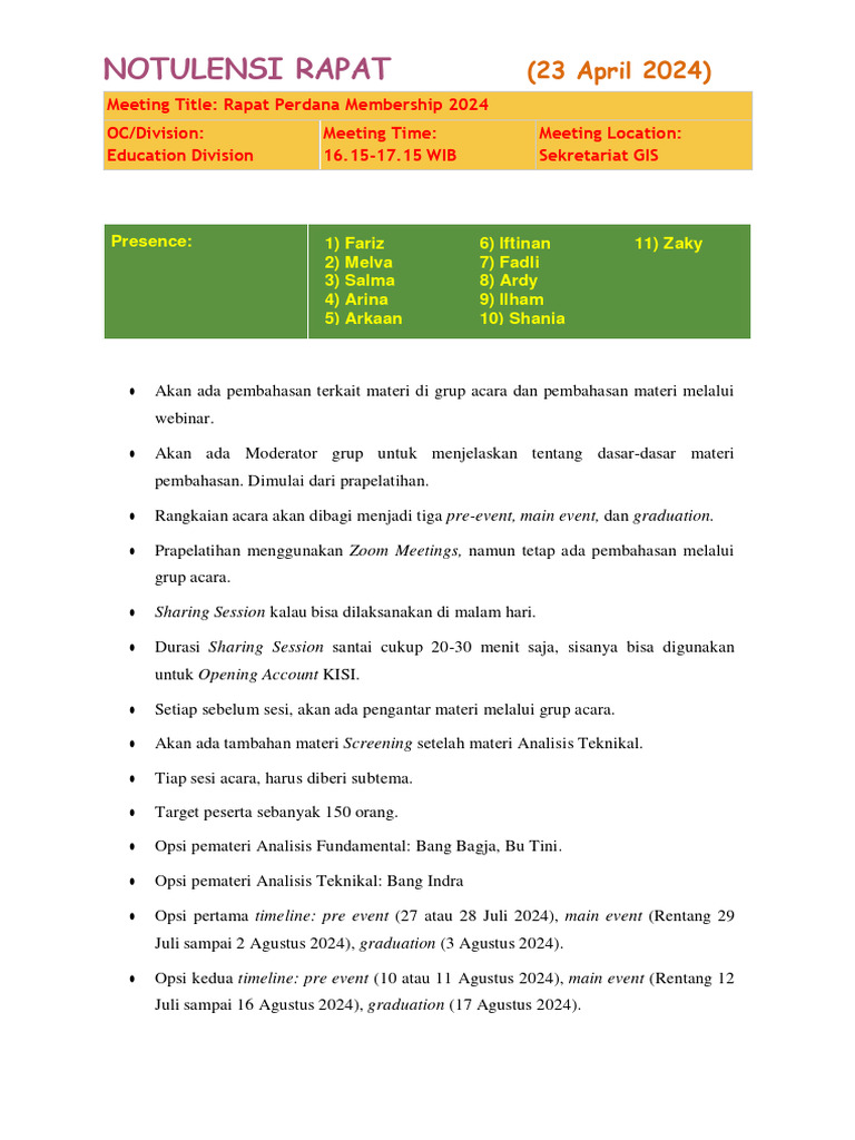 Notulensi Rapat Perdana Membership 2024.docx - Google Dokumen | PDF