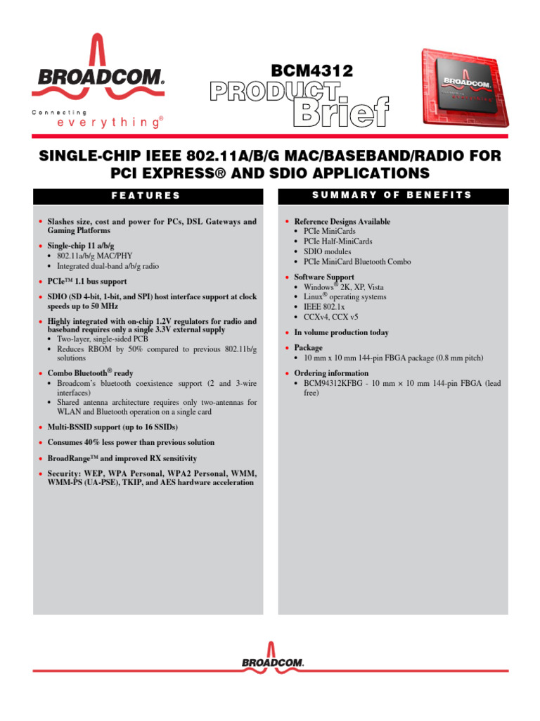 Bcm4312 Product Brief | PDF | Ieee 802.11 | Bluetooth