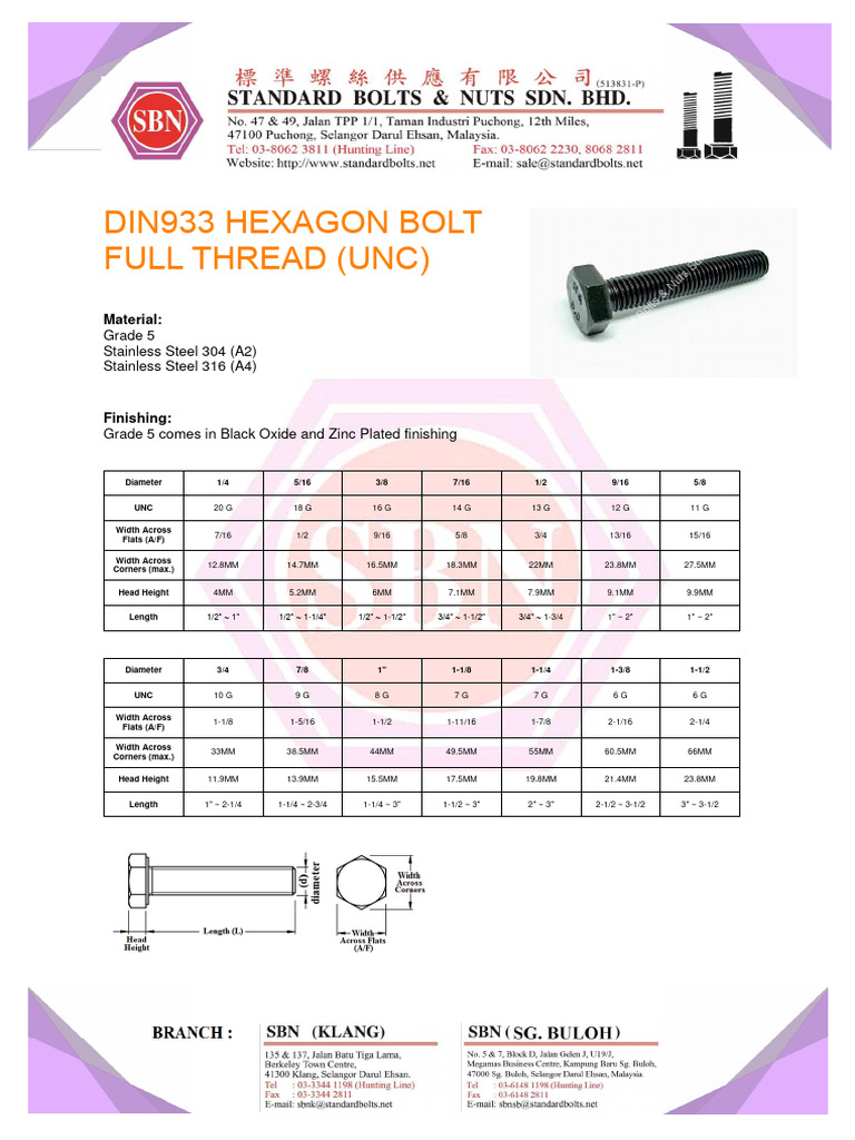 Catalog Din933 Hexagon Bolt Full Thread Unc | PDF | Science & Mathematics