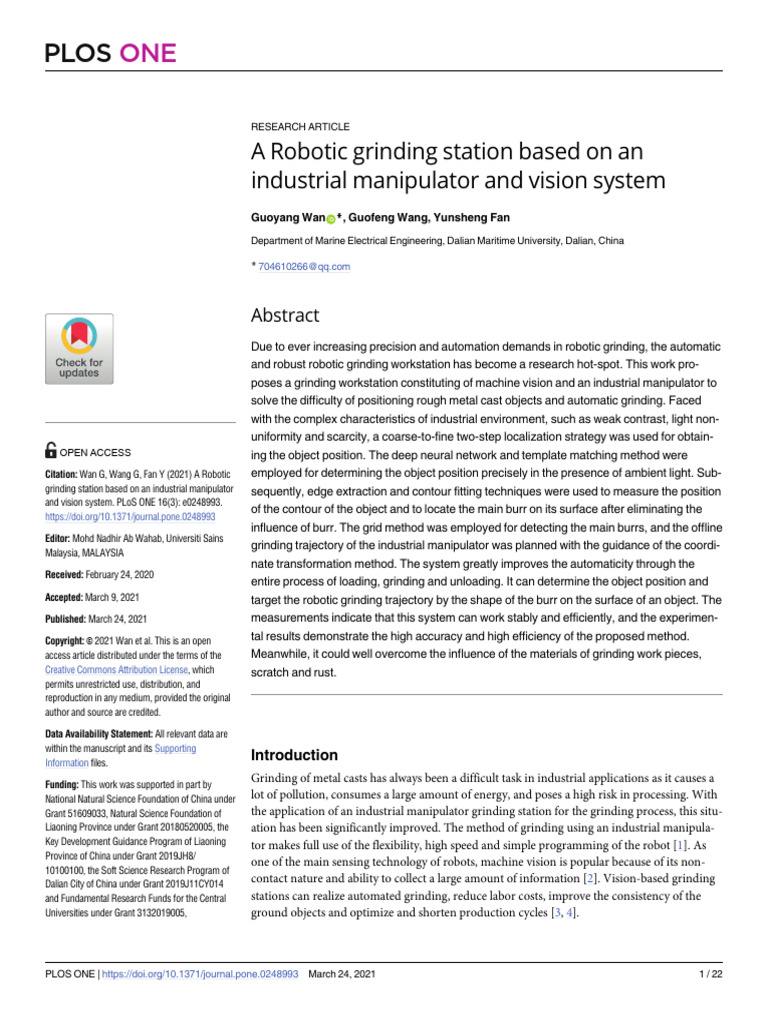 A Robotic grinding station based on an industrial manipulator and vision system | Download Free ...