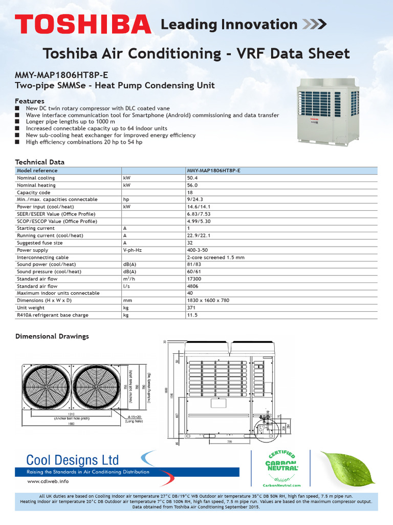 MAP1806HT8P E SMMSe Outdoor Unit Data Sheet Single Page | PDF | Air ...