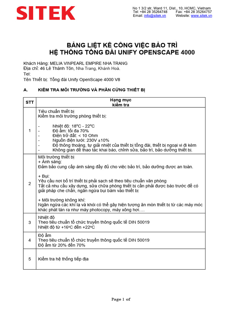 Melia Vinpearl Empire - Liet Ke Cong Viec Bao Tri Tong Dai Unify OS4k | PDF