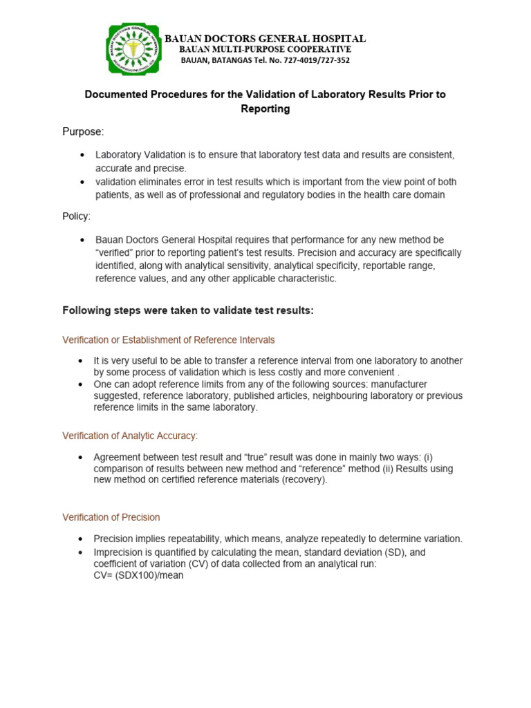 Documented Procedures for the Validation of Laboratory Results Prior to ...