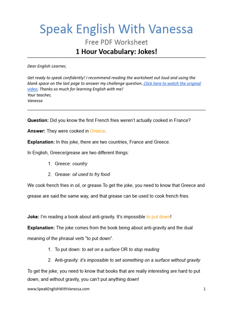 1 Hour Vocabulary - Jokes - Speak English With Vane | PDF | English ...