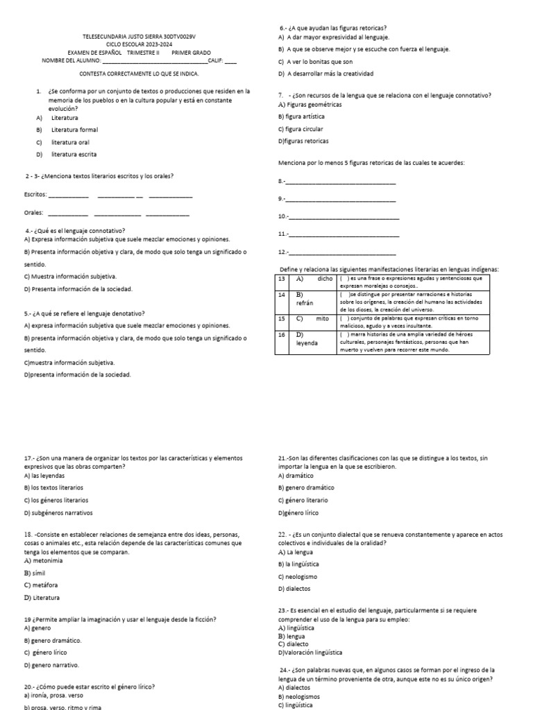 Examenes Del Segundo Trimestre 1A | PDF Examenes Del Segundo Trimestre 1A | PDF