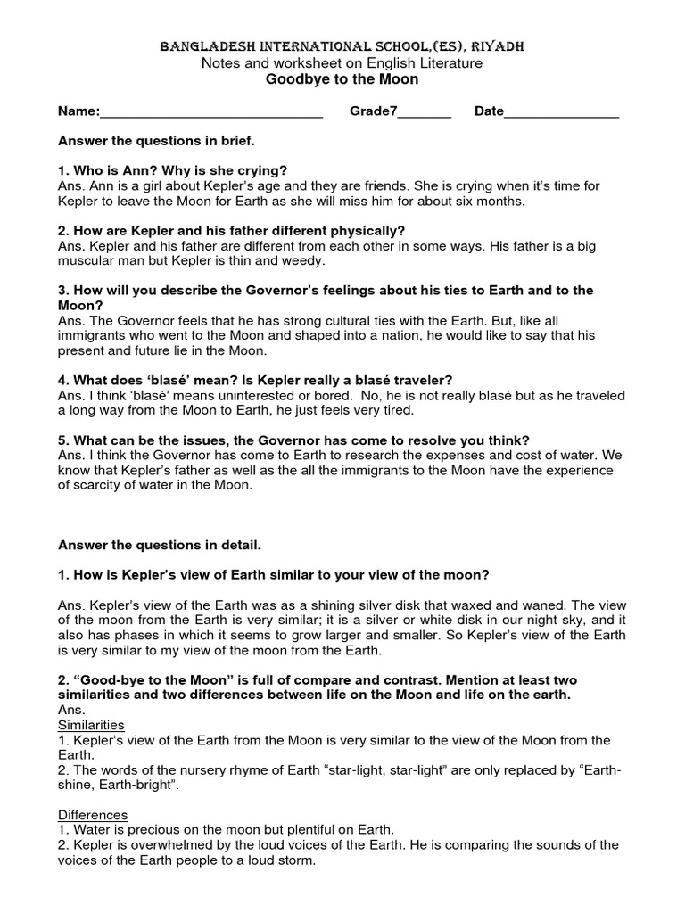 Goodbye to the Moon: Class 6 Q&A Guide | PDF | Moon | Earth