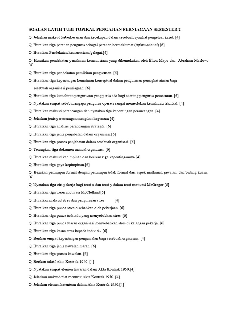 Soalan Latih Tubi Topikal Pengajian Perniagaan Semester 2 | PDF
