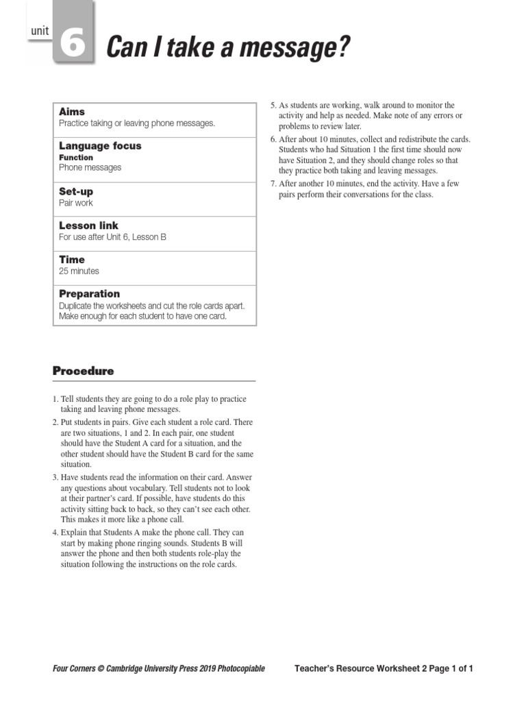 Four Corners Level 3 Unit 6 Can I Take A Message Worksheet 2 | PDF ...