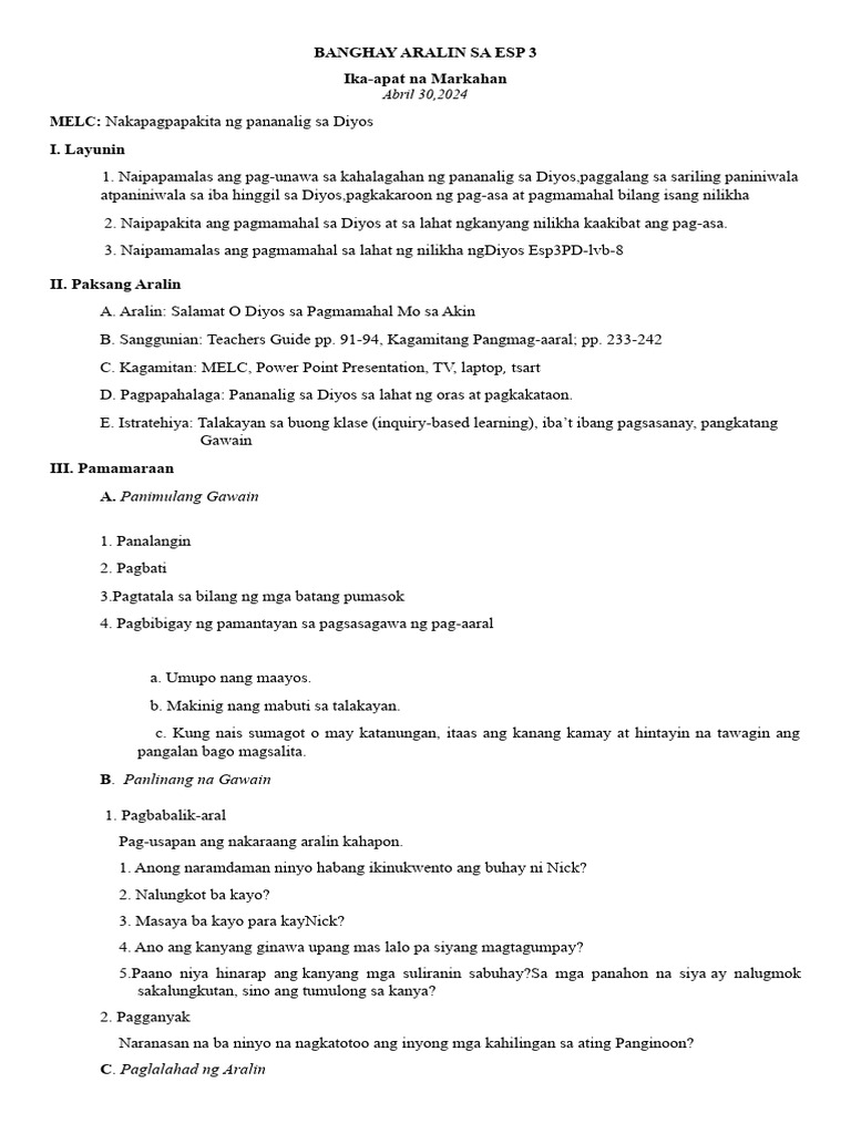 BANGHAY ARALIN SA ESP 3 Abril 30 2024 | PDF