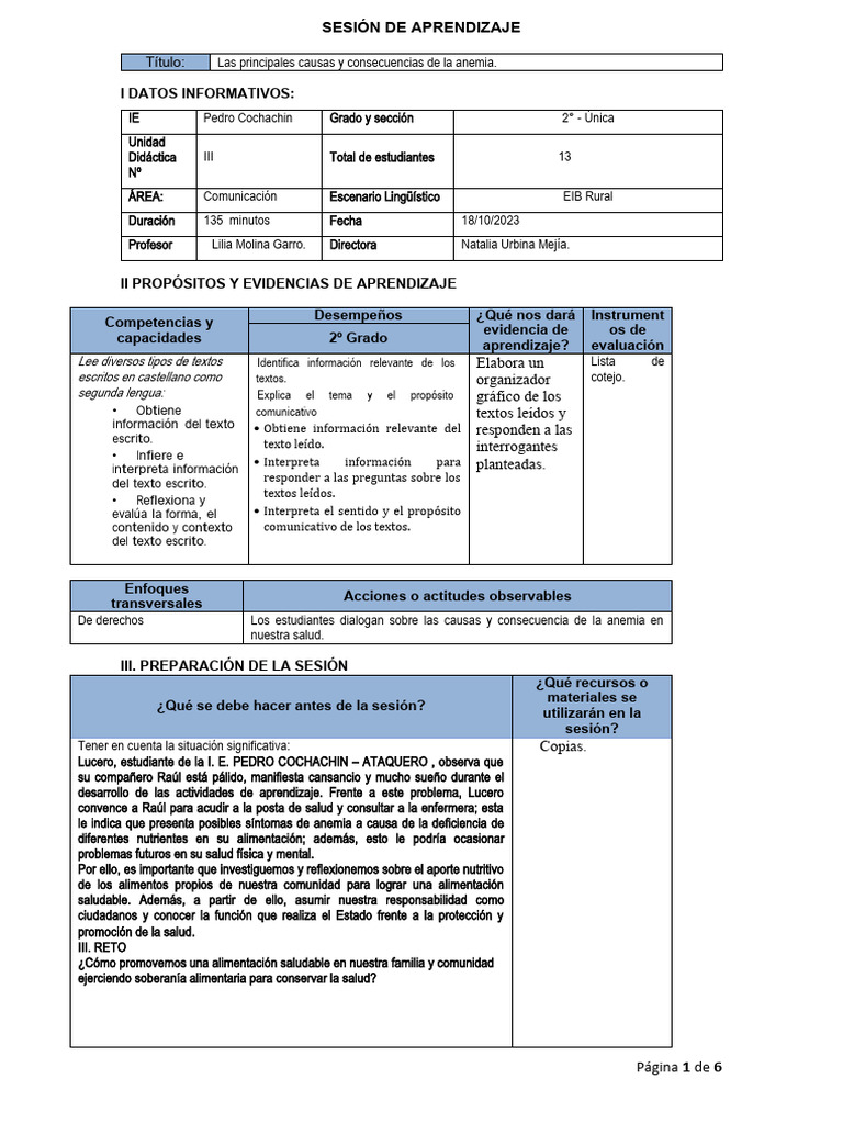 Sesión de Apren. Lee 2do Ataquero 16 Octu. | PDF | Evaluación | Aprendizaje