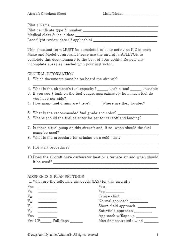 Aircraft Checkout Sheet 2023 | PDF | Takeoff | Aircraft