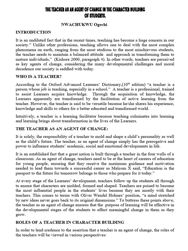 THE TEACHER AS AN AGENT OF CHANGE IN THE CHARACTER BUILDING | Download Free PDF | Teachers ...