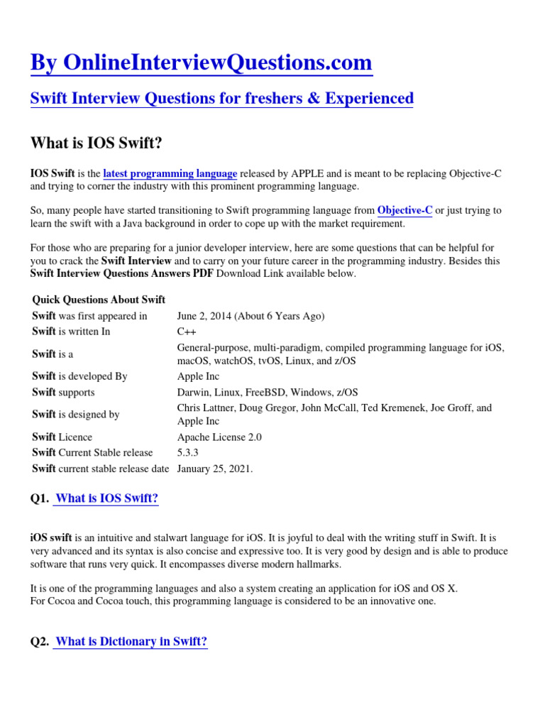Swift Interview Prep Guide | PDF | Swift (Programming Language ...