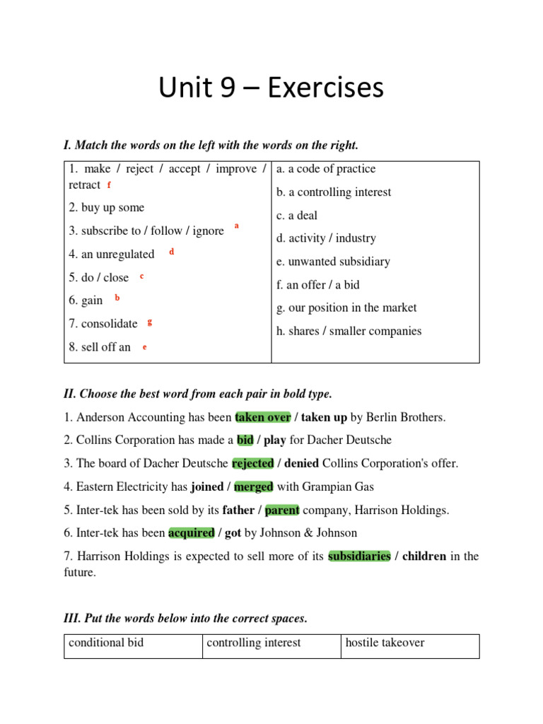 Unit 9 - Exercises to sts | PDF | Takeover | Financial Services
