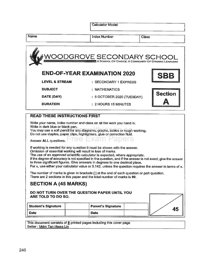 Math - Sec 1 - SA2 - 2020 - Woodgrove Sec | PDF
