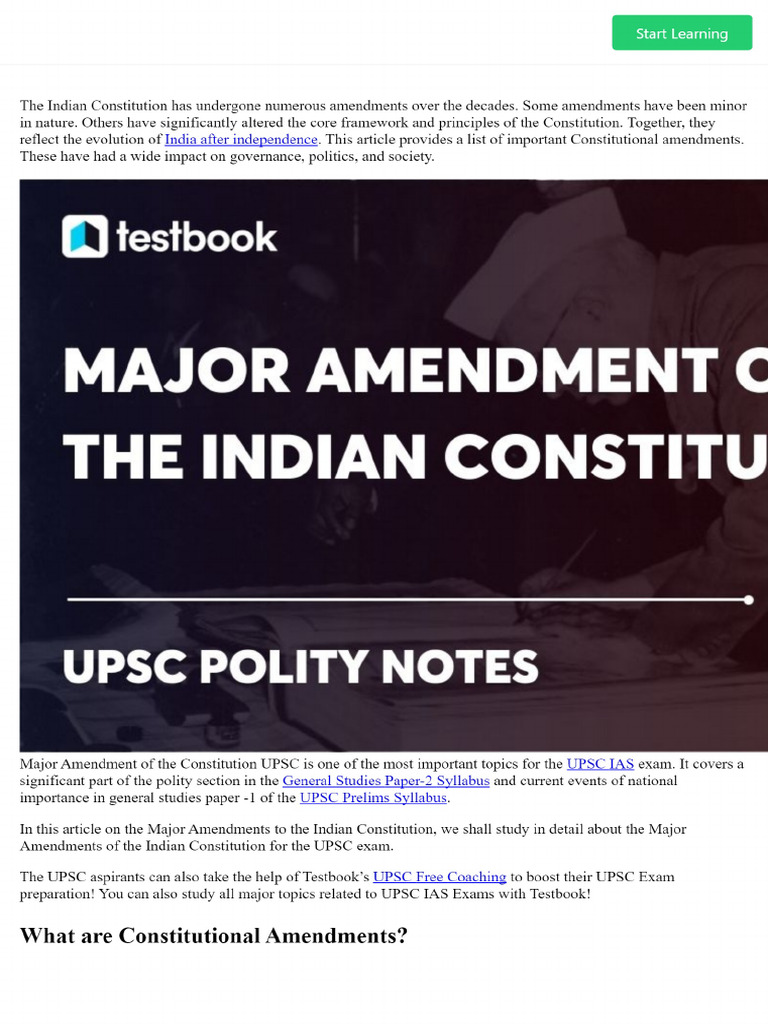 Major Amendment of The Constitution UPSC Notes PDF Download | PDF