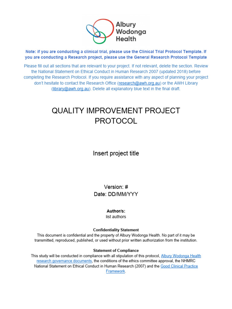 Quality Improvement Project Protocol Template (FO1282) | Download Free ...