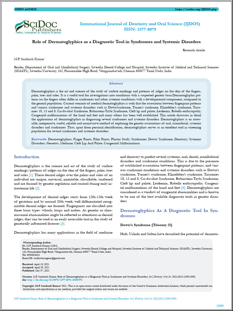 Role of Dermatoglyphics As A Diagnostic | PDF | Hand | Fingerprint
