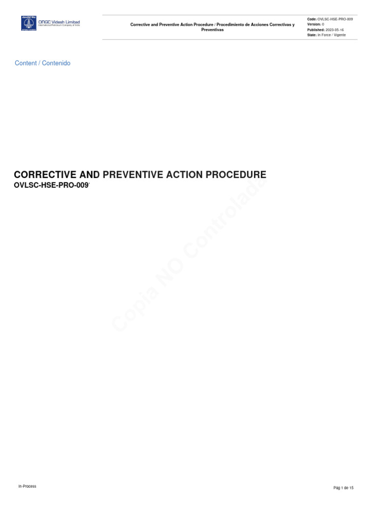 Corrective and Preventive Action Procedure: Content / Contenido | PDF ...