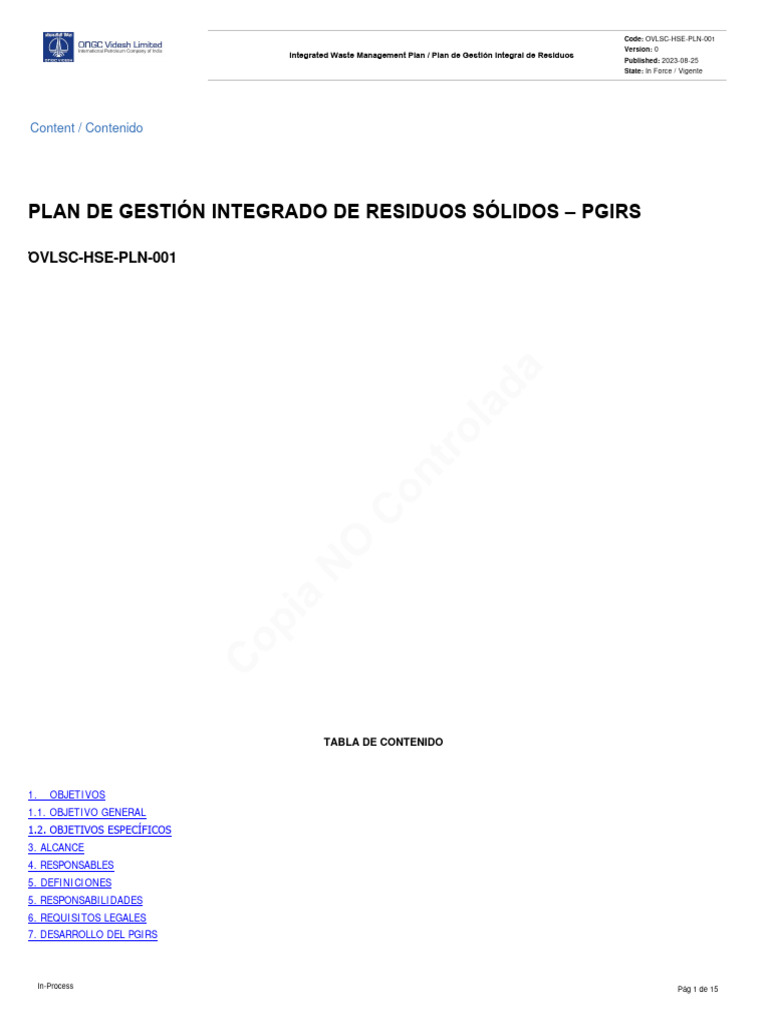 Plan de Gestión Integrado de Residuos Sólidos - Pgirs: OVLSC-HSE-PLN-001 | PDF | Residuos ...