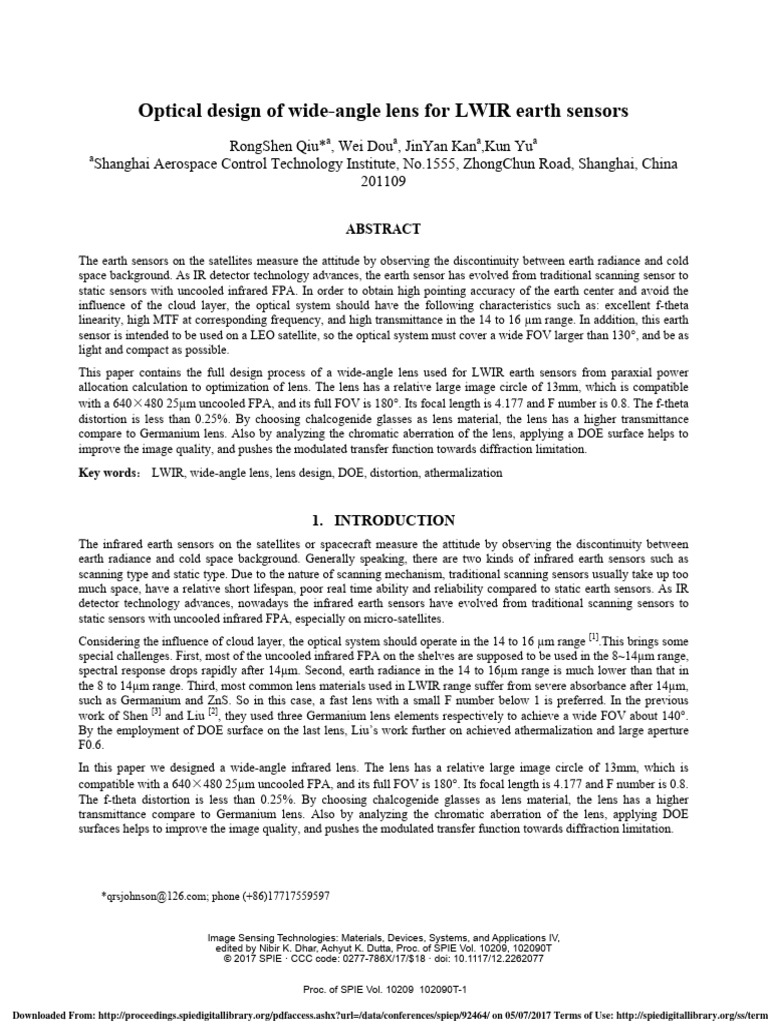 Optical Design of Wide-Angle Lens For LWIR Earth Sensors | PDF ...