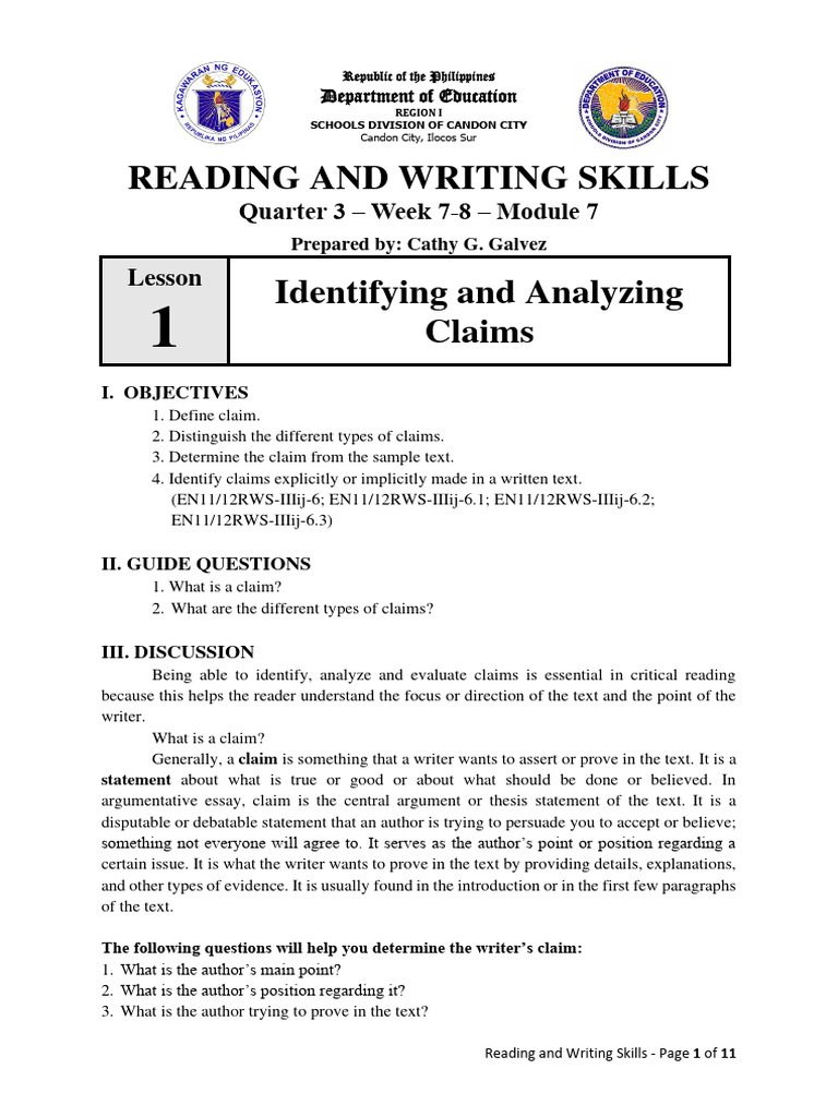 Reading-and-Writing-Skills-11 Q3 W7-8 M7 LDS Claims-1 RTP | PDF | Reproduction | Sexual Reproduction