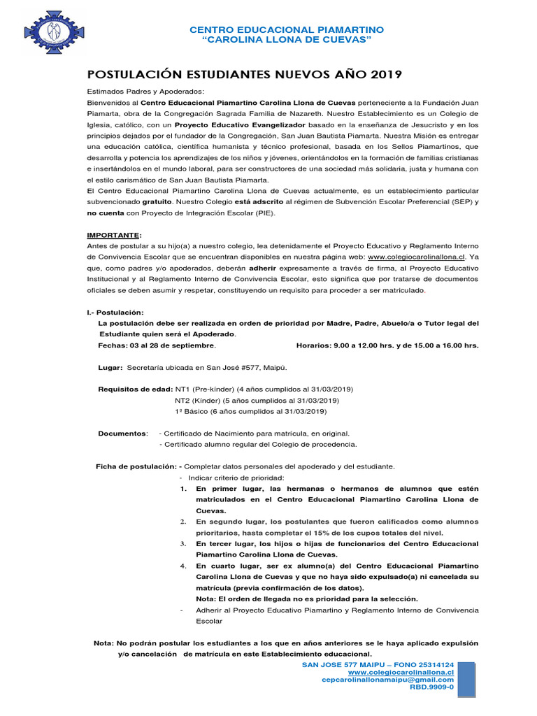 Postulación Estudiantes Nuevos 2019 | PDF