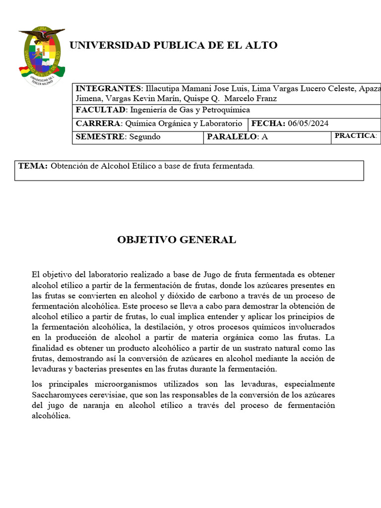 Informe de Alchol Etilico | PDF | Fermentación | Destilación