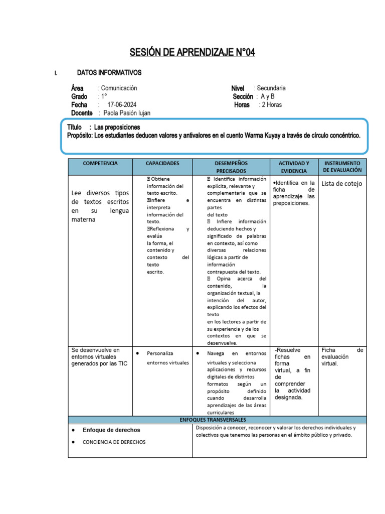 SESIÓN DE APRENDIZAJE N.4 las preposiciones primer grado de secundaria | Descargar gratis PDF ...