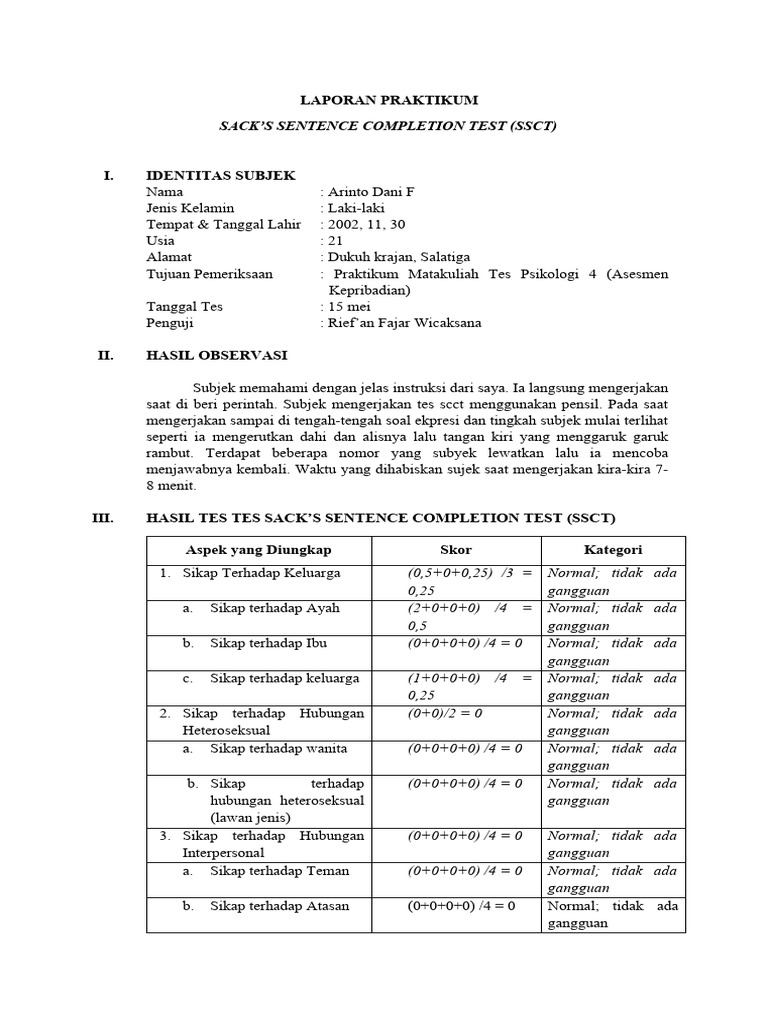 Draft Laporan Praktikum Tes SSCT | PDF
