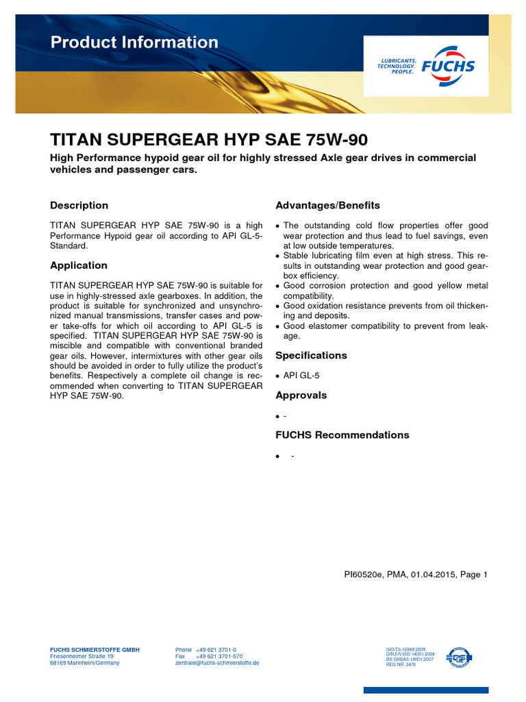 Pi - Titan Supergear Hyp 75W-90 | PDF | Mechanical Engineering
