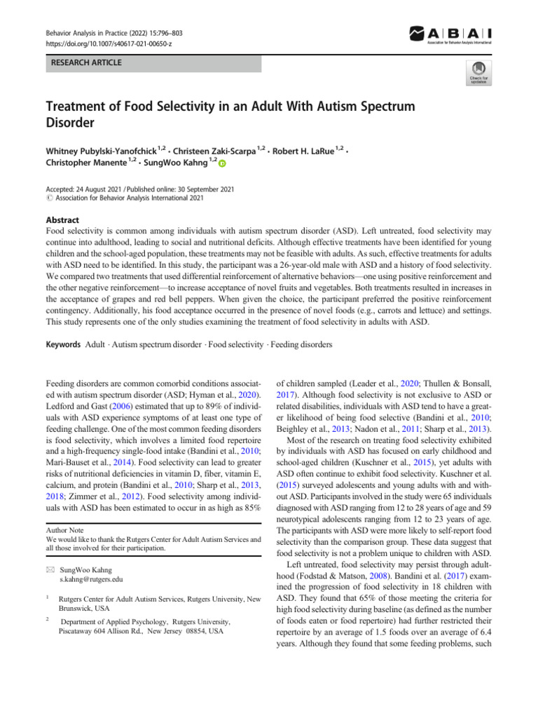 Treatment of Food Selectivity in An Adult With ASD | PDF | Autism ...
