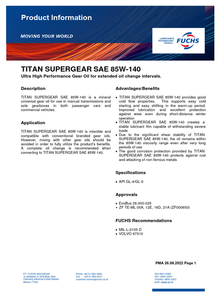 Pi - Titan Supergear Sae 85W-140 - 08.22 | PDF | Motor Oil | Mechanical Engineering
