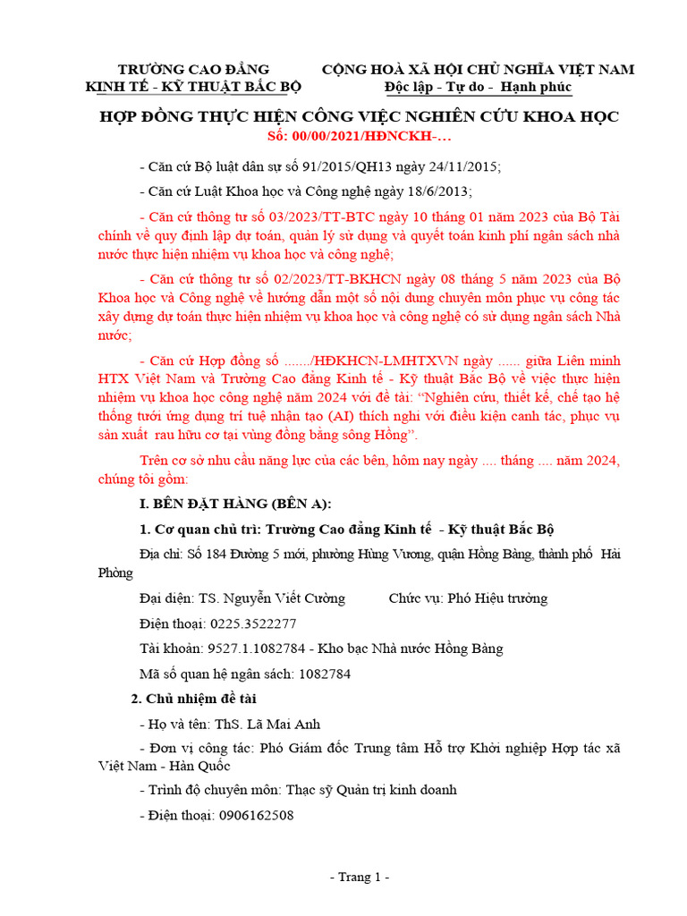 Mẫu Hợp Đồng Nckh_đề Tài Ai | PDF
