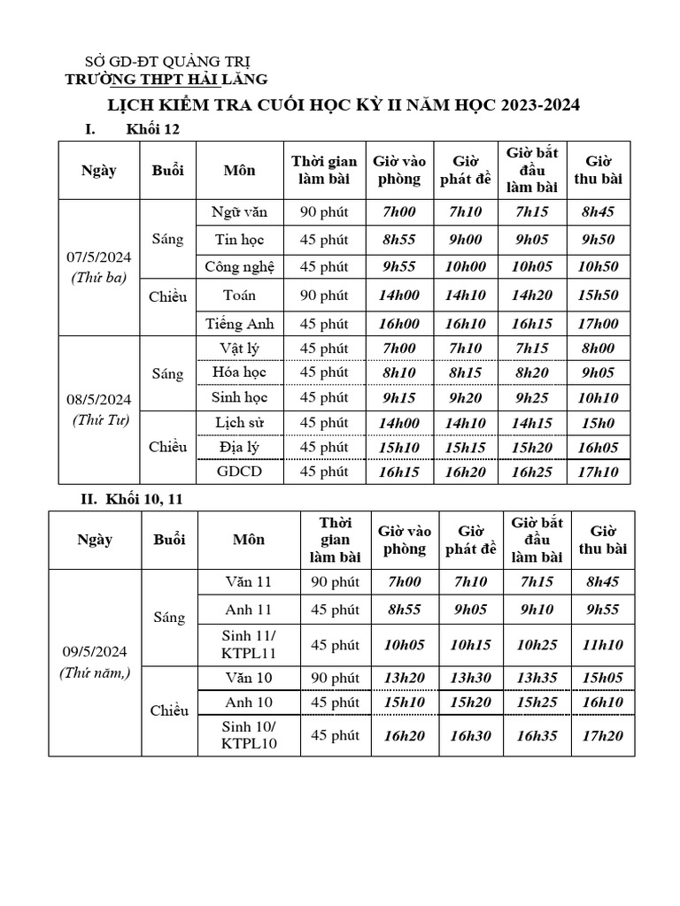 Lich Kiem Tra CK II Nam Hoc 2023 2024.signed | PDF