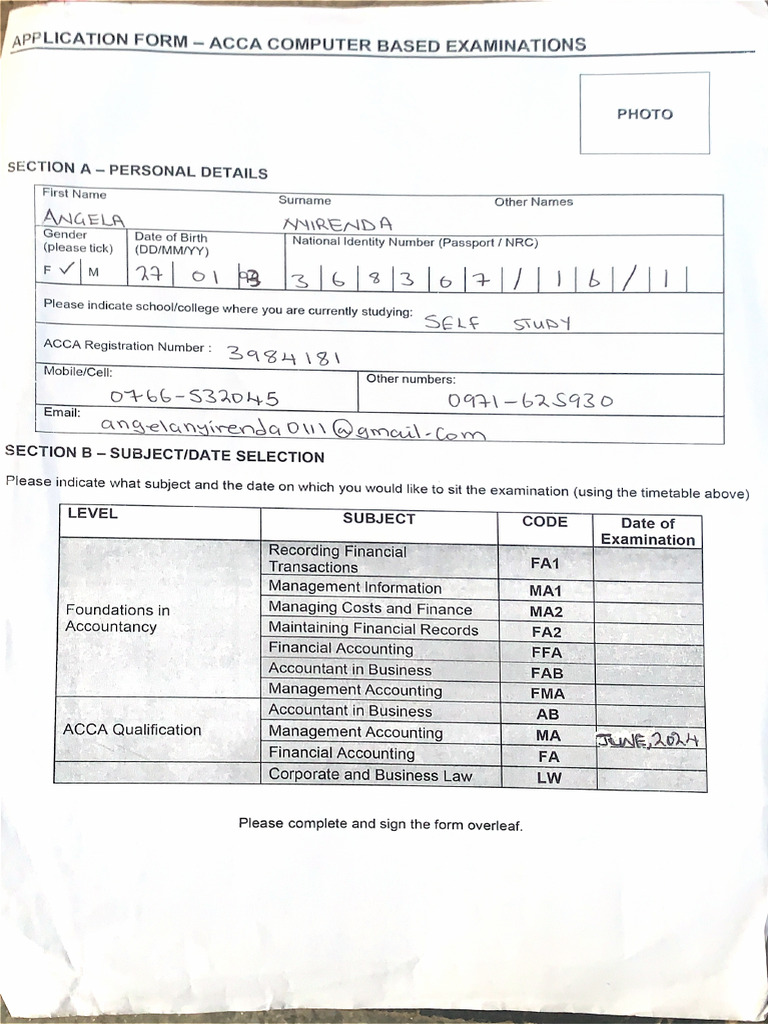 Application Form - Acca Computer Based Examinations 2 | PDF