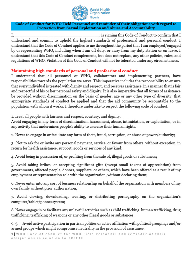 Code of Conduct - WHO Field Personnel | Download Free PDF | Sexual Harassment | Harassment